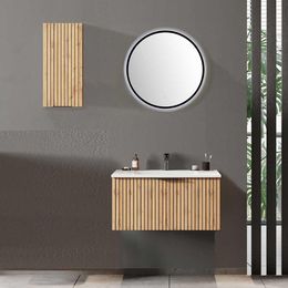 Pharao24.de Waschplatz Set in Wildeichefarben und Schwarz LED Beleuchtung (dreiteilig)