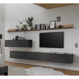 Pharao24.de Wohnzimmer Schrankwand in Anthrazit und Wildeiche Optik 340 cm breit (f&uuml;nfteilig)