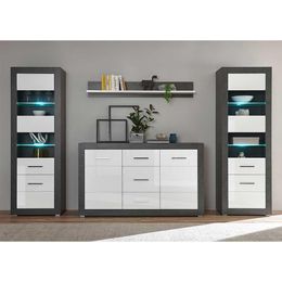 Pharao24.de Wohnzimmer Anbauwand in Wei&szlig; Hochglanz und Beton Grau Sideboard (vierteilig)