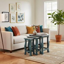 Pharao24.de Beistelltisch Set in Blau und Bunt Shabby Chic Design (dreiteilig)