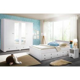 Pharao24.de Landhaus Schlafzimmer Set in Wei&szlig; Kiefer massiv Stauraumbett (vierteilig)