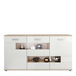 Pharao24.de Wohnzimmer Kommode in Wei&szlig; Hochglanz und Wildeiche Optik Glast&uuml;r
