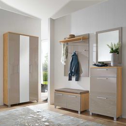 Pharao24.de Garderobenkombination in Taupe Glas beschichtet Eiche Bianco furniert (f&uuml;nfteilig)