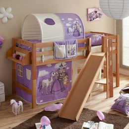 Pharao24.de Massivholz Kinderbett im Prinzessin Design Rutsche und Vorhang in Lila