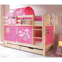 Pharao24.de Hochbett aus Massivholz Kieferfarben und Pink