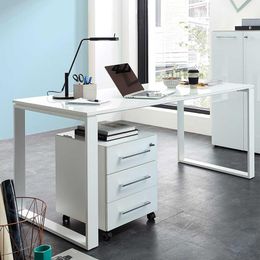 Pharao24.de B&uuml;roschreibtisch in Wei&szlig; Glas beschichtet Rollcontainer (zweiteilig)