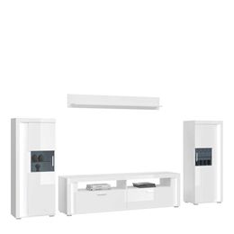 Pharao24.de Wohnwand Hochglanz weiss mit LED Beleuchtung 321 cm breit (vierteilig)