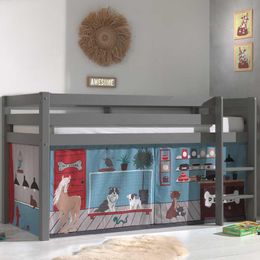Pharao24.de Kinder Halbhochbett aus Kiefer Massivholz Grau mit Tier Vorhang