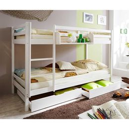 Pharao24.de Kinderstockbett in Wei&szlig; Kiefer massiv Stauraum