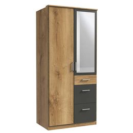 Pharao24.de Kleiderschrank mit Schubladen und Spiegel in Plankeneiche NB Dunkelgrau