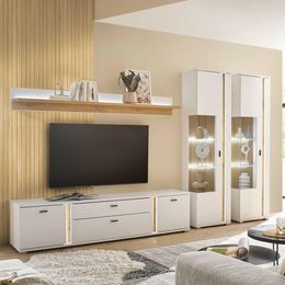 Pharao24.de Design Wohnwand 4teilig in Wei&szlig; Wildeichefarben (vierteilig)