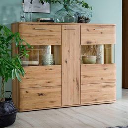 Pharao24.de Esszimmer Highboard aus Eiche Bianco ge&ouml;lt Glas
