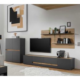 Pharao24.de Wohnzimmer Anbauwand in Anthrazit und Wildeiche Optik 320 cm breit (dreiteilig)