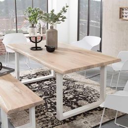 Pharao24.de Baumkanten Esszimmertisch aus Eiche White Wash massiv B&uuml;gelgestell in Wei&szlig;