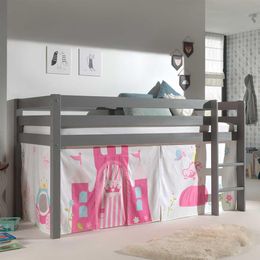 Pharao24.de M&auml;dchen Kinderzimmer Bett in Grau Pink Rosa Leiter und Vorhang