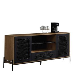 Pharao24.de Sideboard in Holz Naturfarben und Schwarz Kunstrattan Front