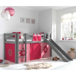 Pharao24.de M&auml;dchen Kinderzimmerbett in Grau Rosa Pink Blumen Motiv