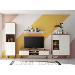 Pharao24.de Fernseher Wohnwand in Wei&szlig; und Eiche 300 cm breit (vierteilig)