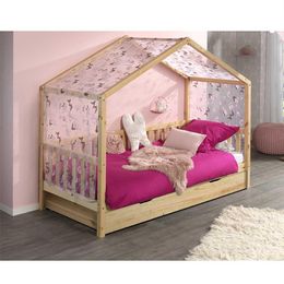 Pharao24.de Haus Kinder Einzelbett aus Kiefer Massivholz Vorhang