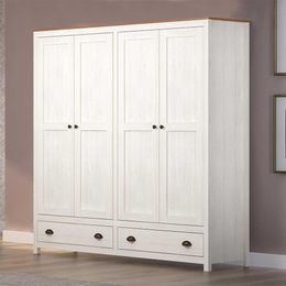 Pharao24.de Kleiderschrank Kiefer Wei&szlig; Landhaus Stil mit zwei Schubladen 176 cm breit 176x185x54 cm Pharao24
