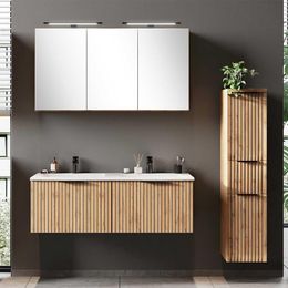 Pharao24.de Badset mit zwei Becken und Spiegelschrank Wildeichefarben (dreiteilig)