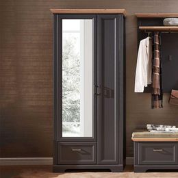 Pharao24.de Spiegel Garderobenschrank in Dunkelgrau und Eichefarben Landhaus Design