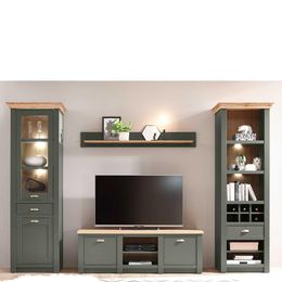 Pharao24.de Wohnzimmer Anbauwand in Graugr&uuml;n und Wildeiche Optik Landhausstil (vierteilig)
