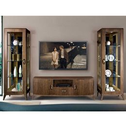 Pharao24.de Extravagante Wohnwand mit Nussbaum furniert Retro Look (dreiteilig)