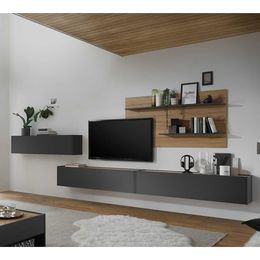 Pharao24.de Moderne TV Wohnwand in Anthrazit und Wildeiche Optik 450 cm breit (vierteilig)