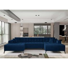 Pharao24.de U Sofa Couchlandschaft in Dunkelblau mit Punktsteppungen