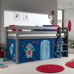 Pharao24.de Graues Hochbett aus Kiefer Massivholz Vorhang
