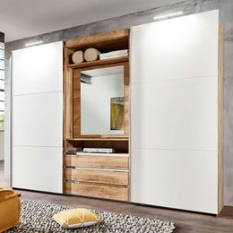 Pharao24.de Moderner Funktions Kleiderschrank in Wei&szlig; und Holzoptik Plankeneiche Spiegel innen