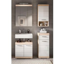 Pharao24.de Badm&ouml;belset weiss Hochglanz und Sonoma-Eiche modernem Design (dreiteilig)