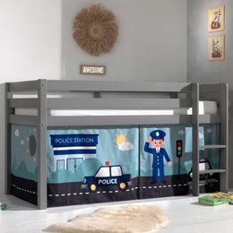 Pharao24.de Kinder Hochbett aus Kiefer Massivholz Grau mit Leiter und Polizei Vorhang