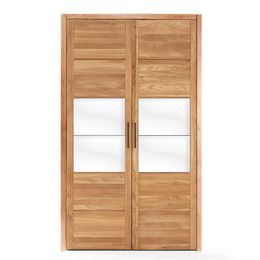 Pharao24.de Massivholzkleiderschrank mit Glas 2 t&uuml;rig Holz Oberfl&auml;che ge&ouml;lt
