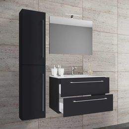 Pharao24.de Badm&ouml;bel h&auml;ngend mit Spiegel in Schwarz modernem Design (dreiteilig)