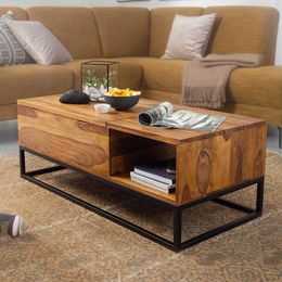 Pharao24.de Wohnzimmer Couchtisch aus Sheesham Massivholz und Edelstahl 110 cm breit