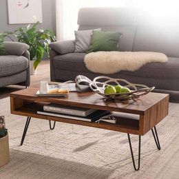 Pharao24.de Wohnzimmer Couchtisch aus Sheesham Massivholz und Edelstahl 100 cm breit