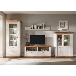 Pharao24.de Wohnzimmer Anbauwand in Wei&szlig; und Wildeiche Dekor Landhausstil (vierteilig)