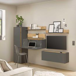 Pharao24.de Design Wohnwand mit Arbeitsplatz in Anthrazit Wildeichefarben (f&uuml;nfteilig)