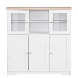 Pharao24.de Landhaus Highboard Vitrine in Wei&szlig; und Eiche Optik 125 cm breit