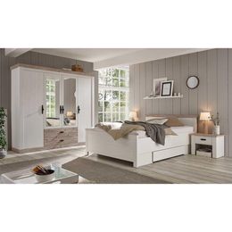 Pharao24.de Landhaus Schlafzimmer Set mit 140x200 cm Bett Wei&szlig; und Pinienfarben (vierteilig)