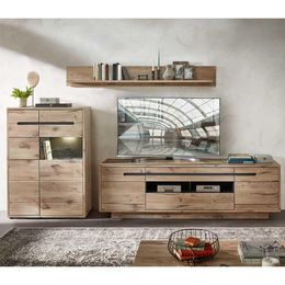 Pharao24.de Wohnzimmerwand modern 3-teilig in Wildeichefarben LED Beleuchtung (dreiteilig)