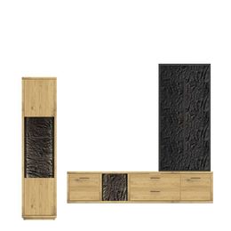Pharao24.de Anbauwand Wohnwand modern in Wildeiche Bianco mit Steinoptik Elementen (dreiteilig)