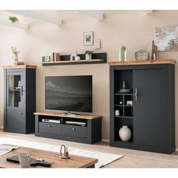 Pharao24.de Fernseher Schrankwand Landhaus in Anthrazit Wildeichefarben (vierteilig)