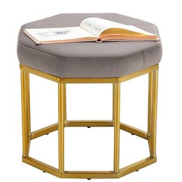 Pharao24.de Achteckiger Hocker in Goldfarben und Grau Samt und Metall