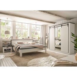 Pharao24.de Modern Country Schlafzimmer Schrank in Scheunent&uuml;r Optik Pinie Wei&szlig; (vierteilig)