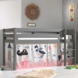 Pharao24.de Halbhohes Kinderbett aus Kiefer Massivholz Grau mit Prinzessin Vorhang