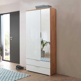Pharao24.de Flurschrank in Wei&szlig; Glas beschichtet und Eichefarben Spiegelt&uuml;r