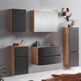 Pharao24.de Badm&ouml;belset in Grau und Wildeichefarben LED Beleuchtung (f&uuml;nfteilig)